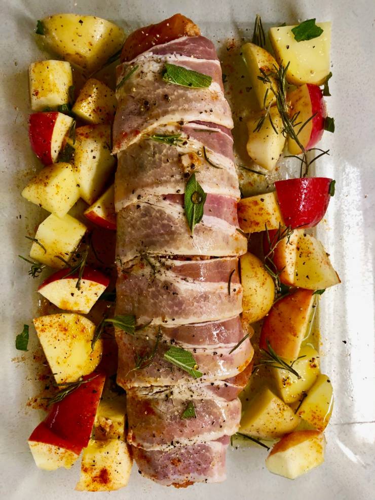 Rosemary & Bacon Wrapped Wild Boar Loin with Roasted Apples & Potatoes ...